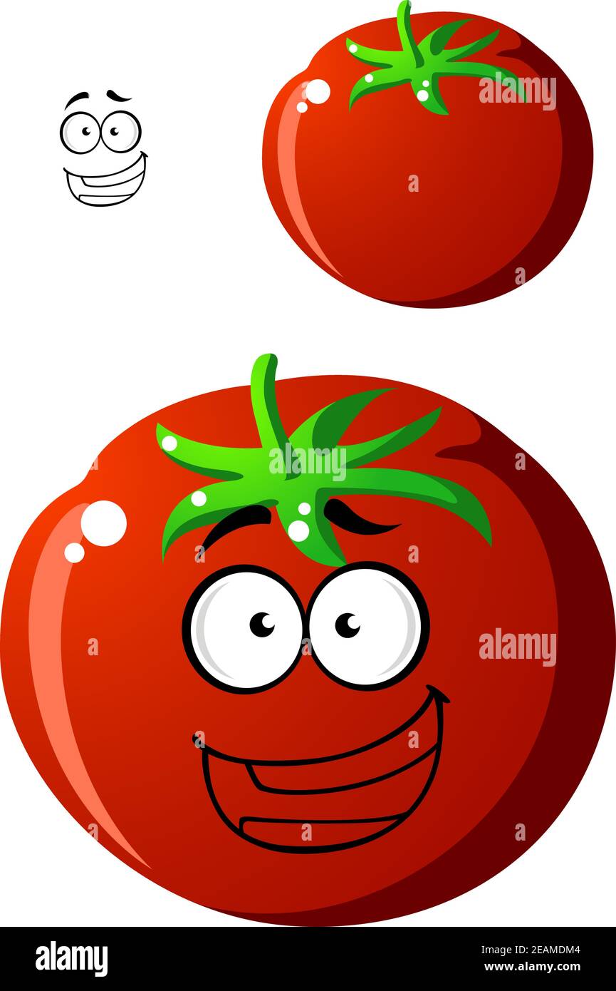 Ripe red cartoon tomato with a happy smiling face and colorful green ...