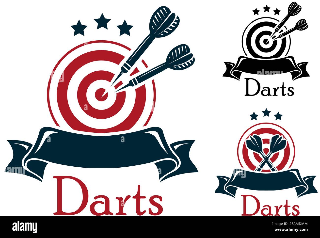 Darts emblem with crossed a dart board and darts over a blank ribbon ...