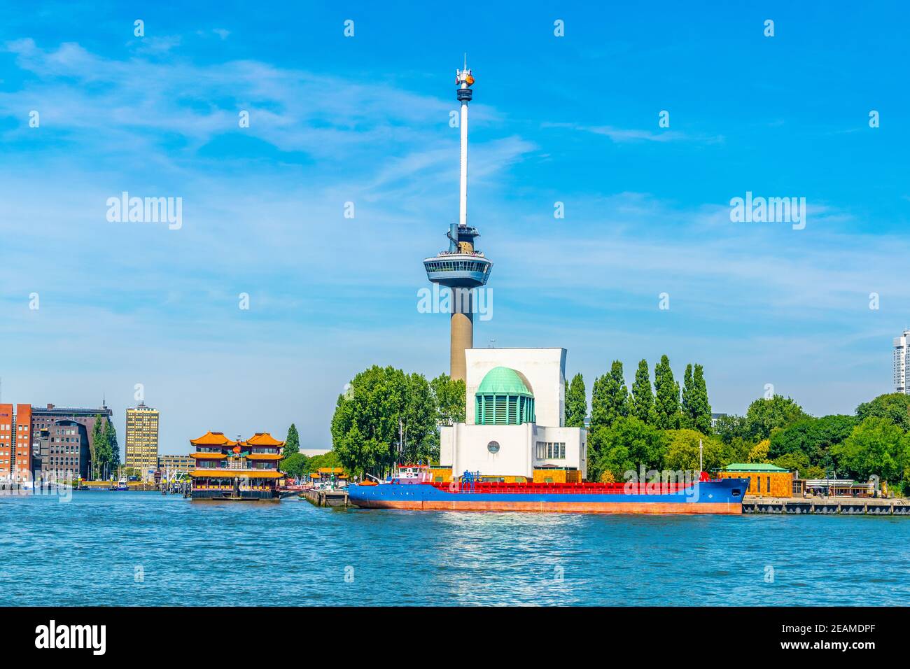 Floating chinese restaurant in front of Euromast tower in Rotterdam ...