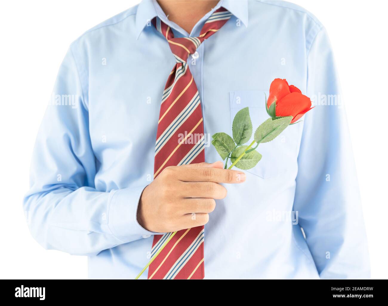 Man holding with red rose on white background Stock Photo - Alamy