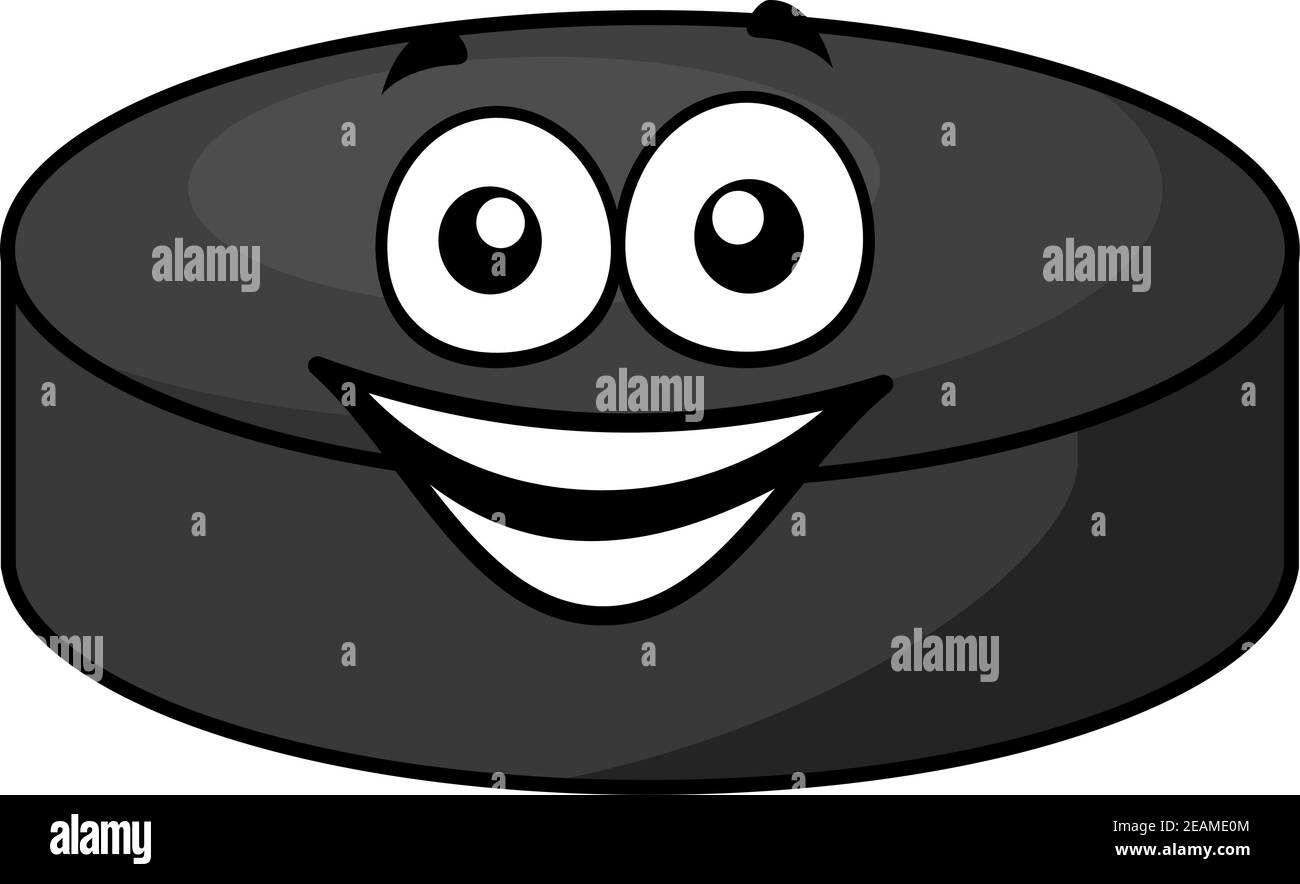 Smiling gray cartoon hockey puck with cute little face in horizontal ...