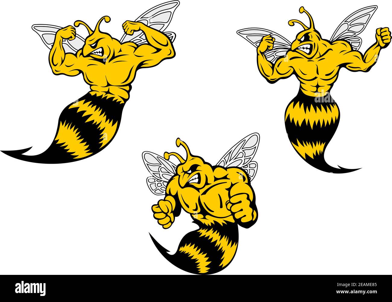 Angry yellow and black cartoon wasp or hornets with a sting shaking his ...