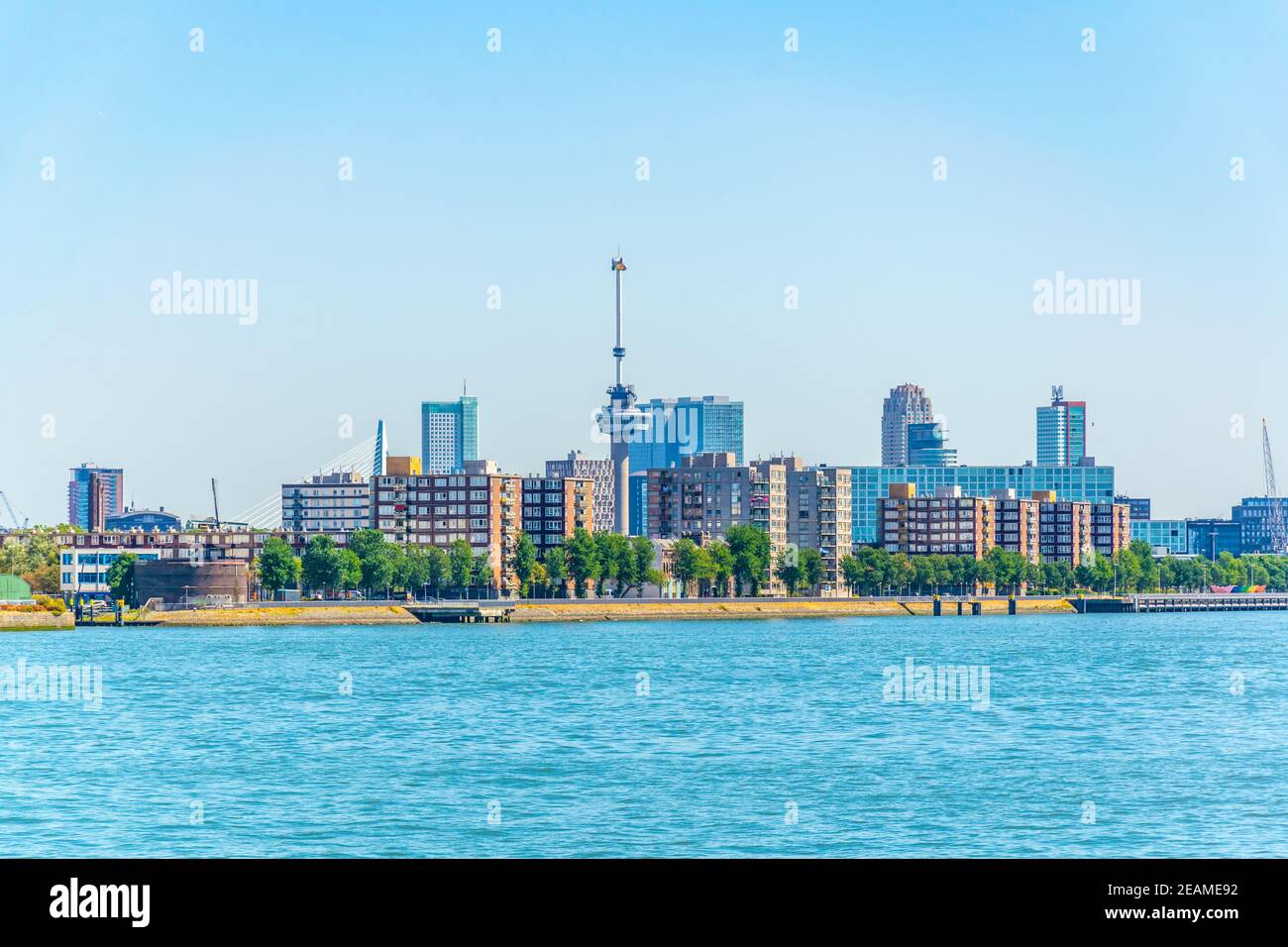Riverside of New Maas with Euromast tower at background, Rotterdam ...