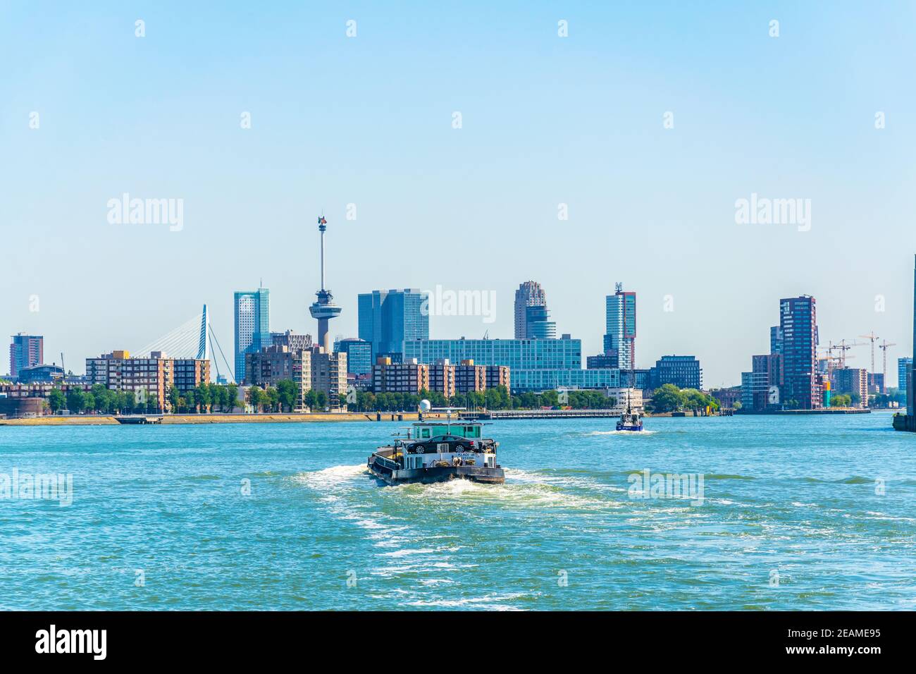 Riverside of New Maas with Euromast tower at background, Rotterdam ...