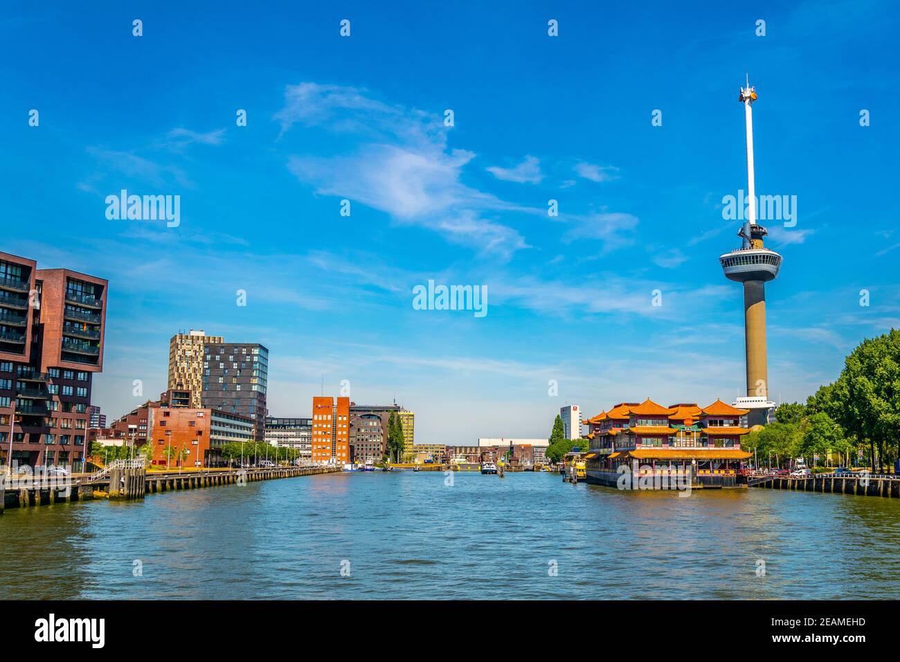Floating chinese restaurant in front of Euromast tower in Rotterdam ...