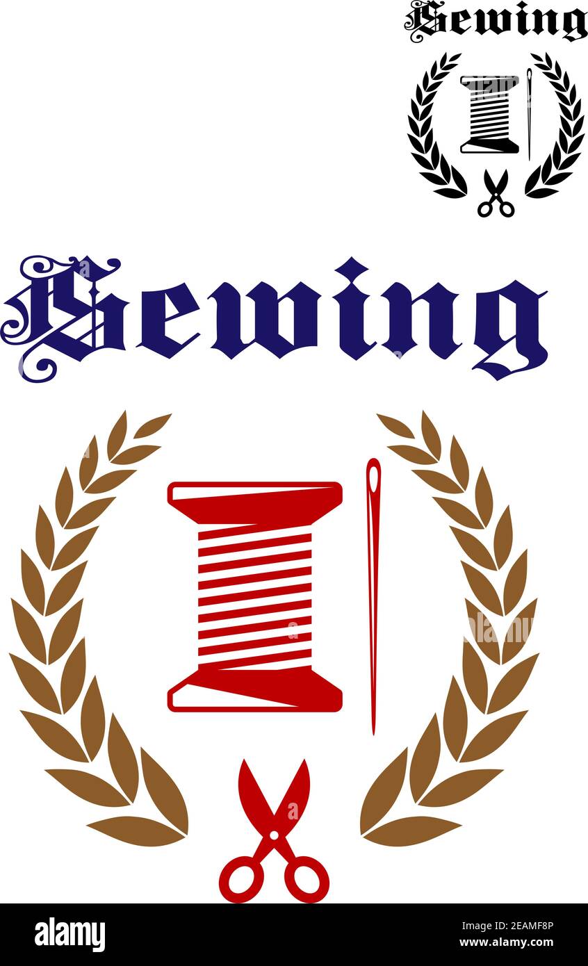 Sewing signs with spool, needle, scissors and laurel wreath in red and ...