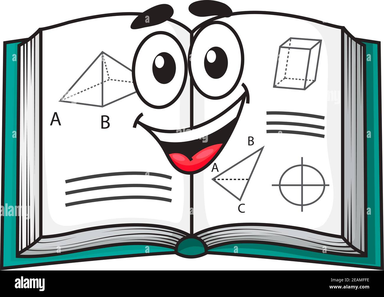 Happy smiling cartoon school textbook open to pages showing scientific ...