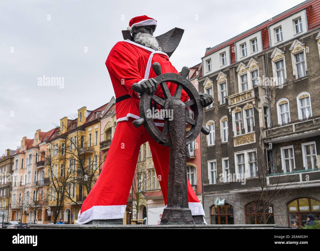 Monument to a sailor in Szczecin dressed in a Santa Claus costume with ...