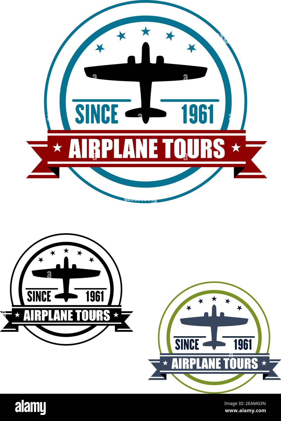 Airplane travel tours icon or emblem with airplane, stars, ribbon and ...
