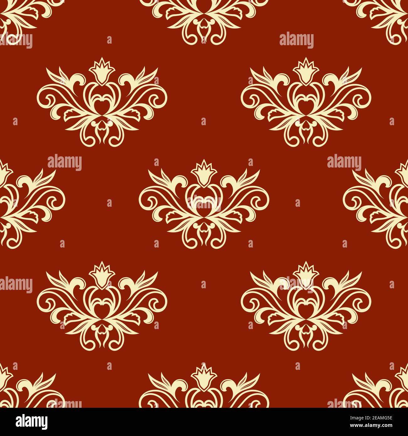 Yellow colored floral seamless pattern with red background in damask ...