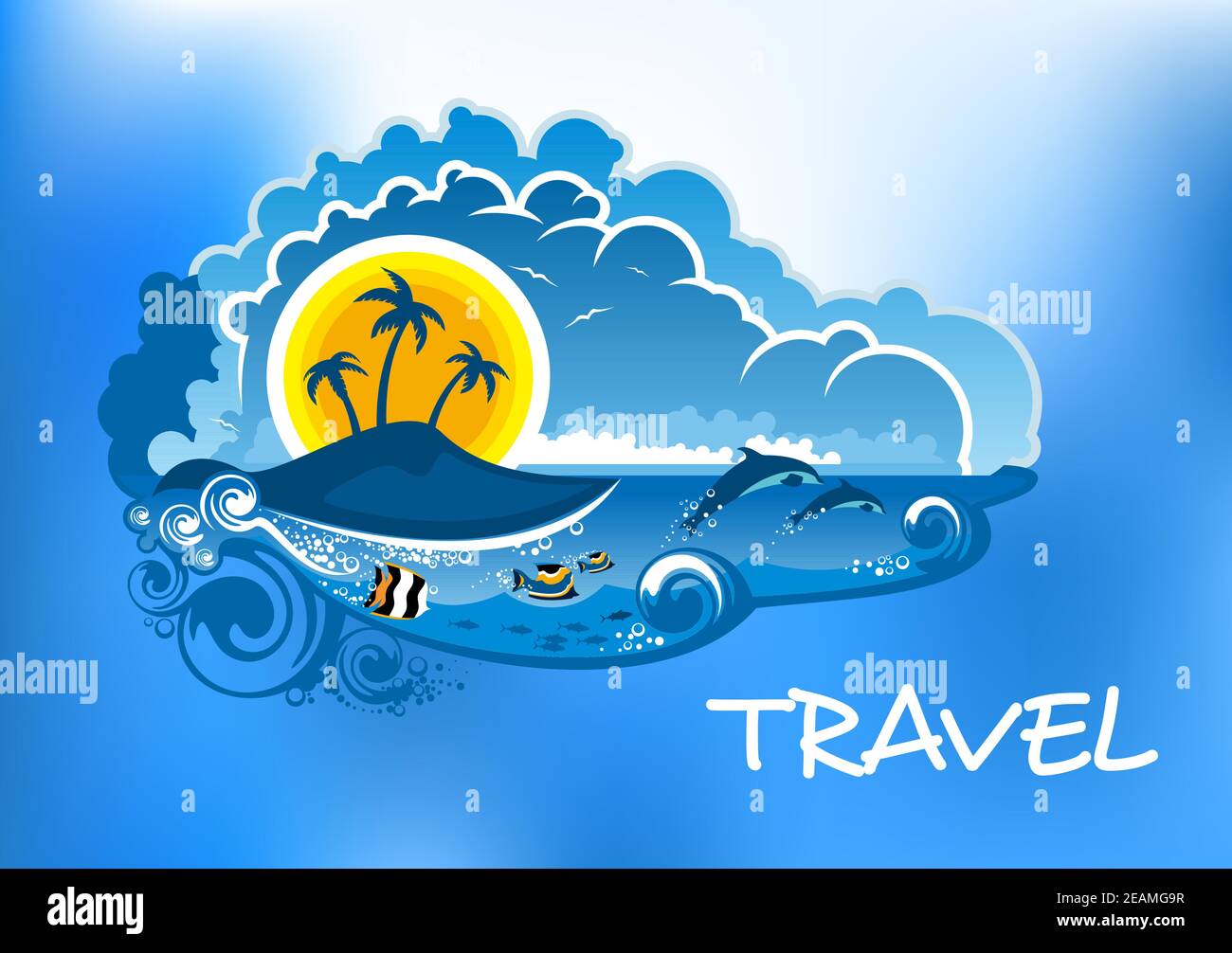 Travel poster design with a cool blue ocean, tropical islands, palm ...