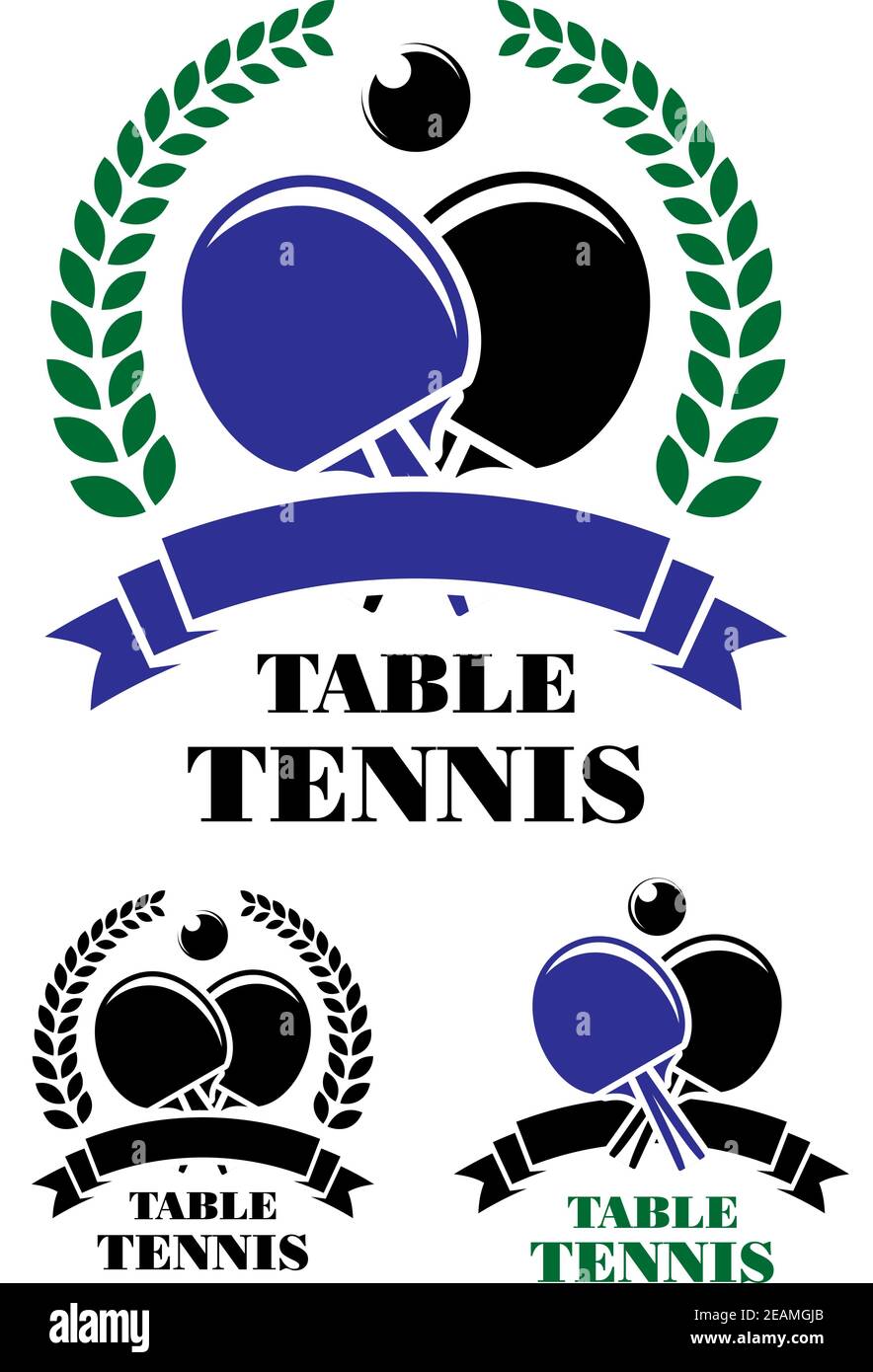 Set of table tennis emblems with ping pong ball, racket, ribbon banners ...