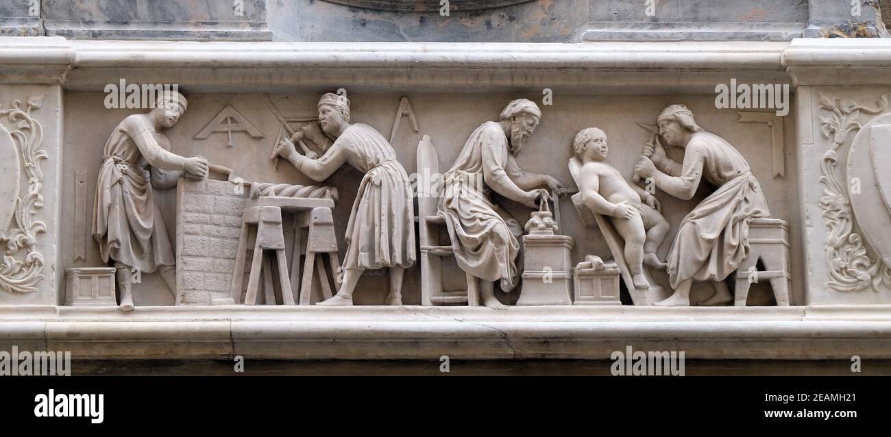 Detail of the sculptors and architects at work, bas-relief (detail of ...