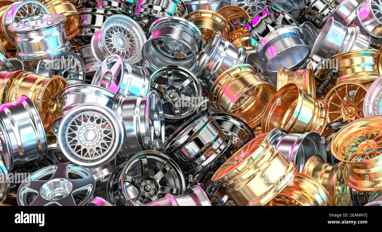 metallic rims of different styles of chrome and gold cars Stock Photo ...