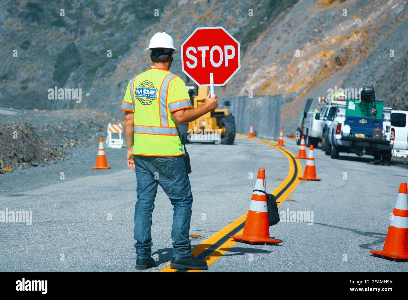 Road workers repairing the Highway number one at the US West Coast ...