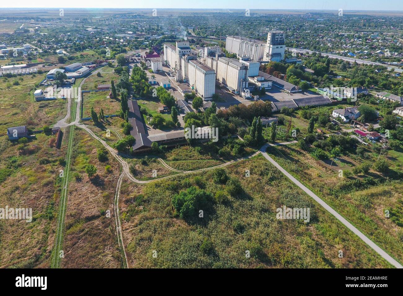 Top view of a silo elevator. Aerophotographing industrial object Stock ...