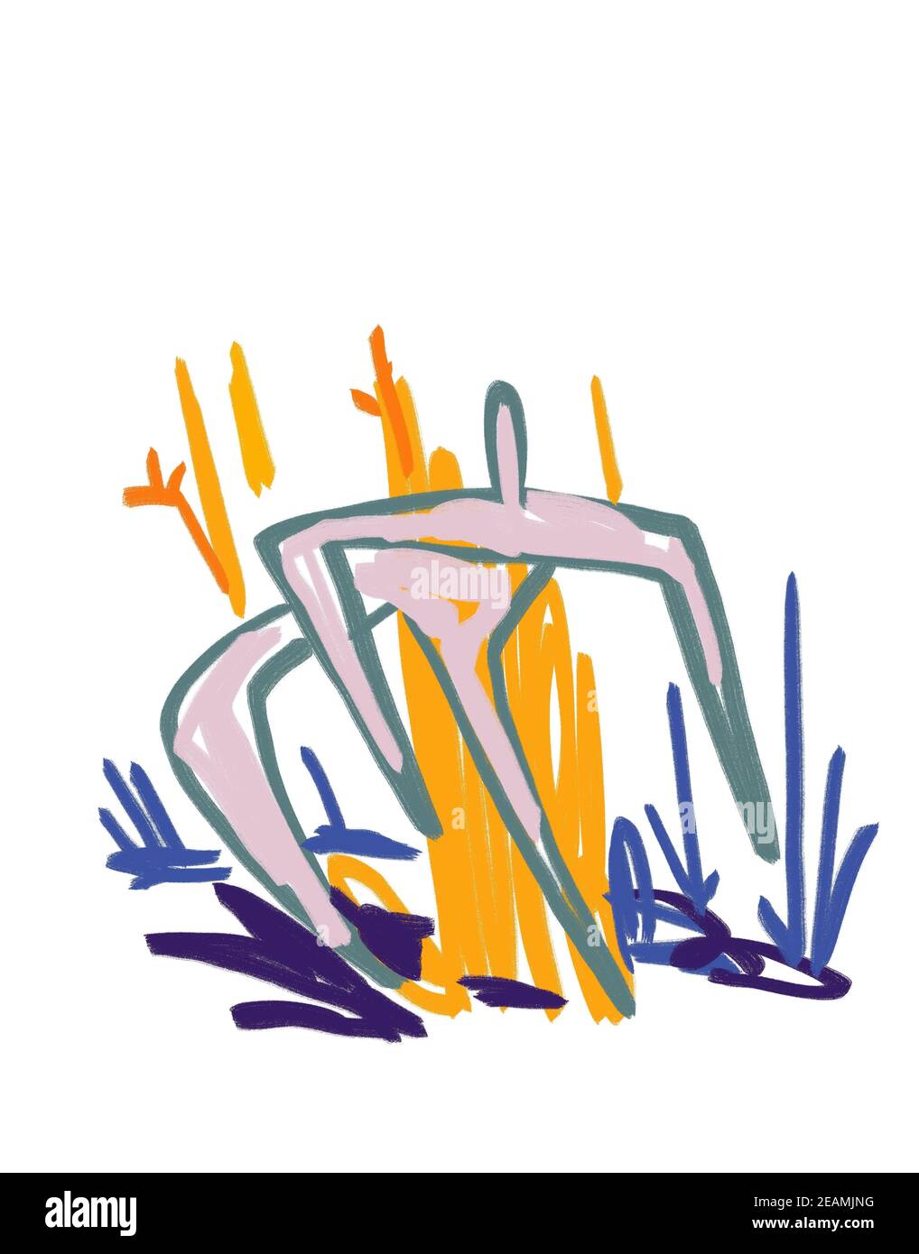 Abstract Person paint with shapes and lines with abstract plant around ...