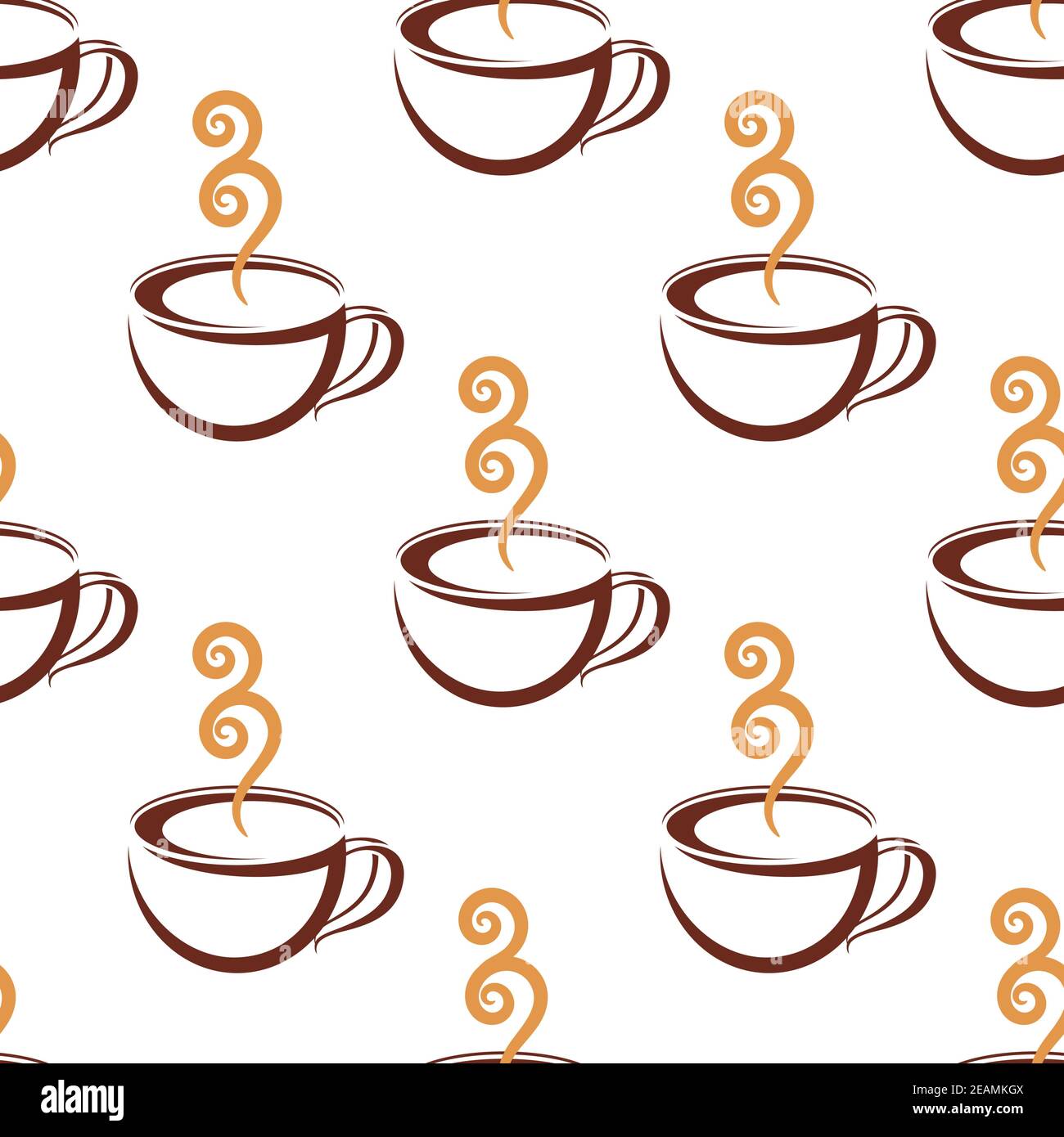 Seamless pattern of steaming hot brown cups of coffee with beige steam ...