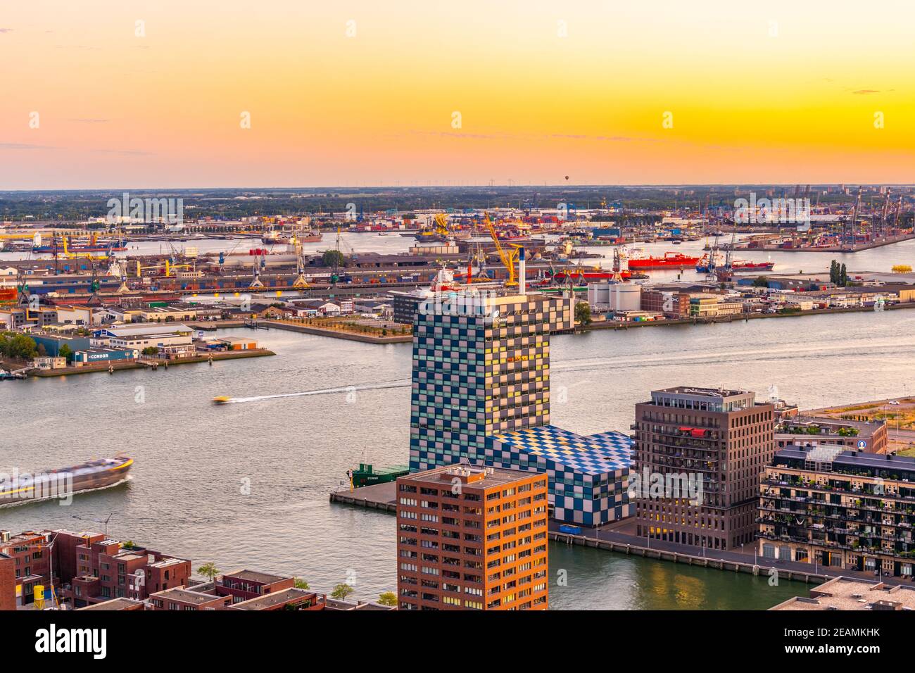 Sunset aerial view of Port of Rotterdam, Netherlands Stock Photo - Alamy