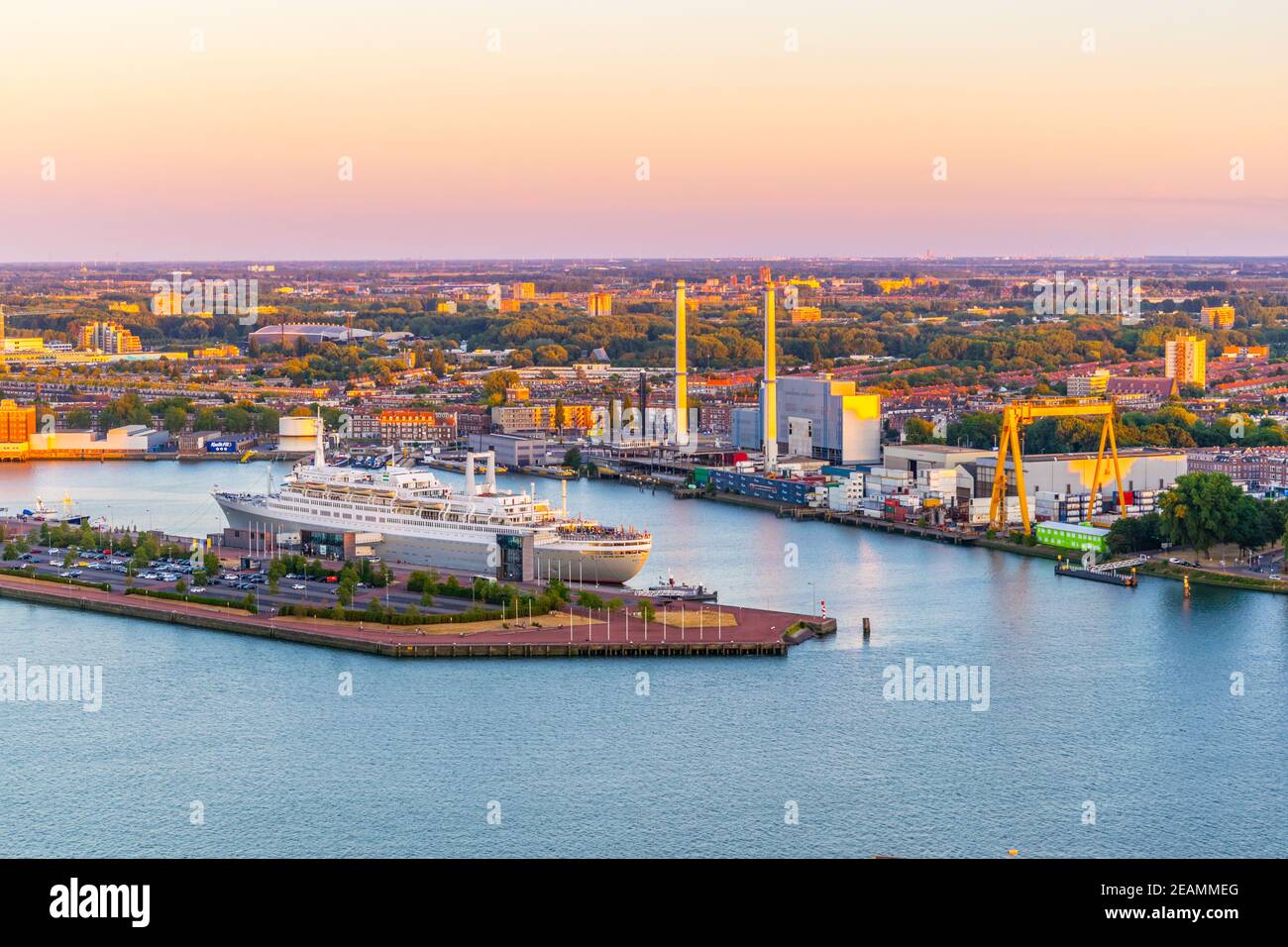 Sunset view of SS Rotterdam, a hotel and museum situated in a former ...