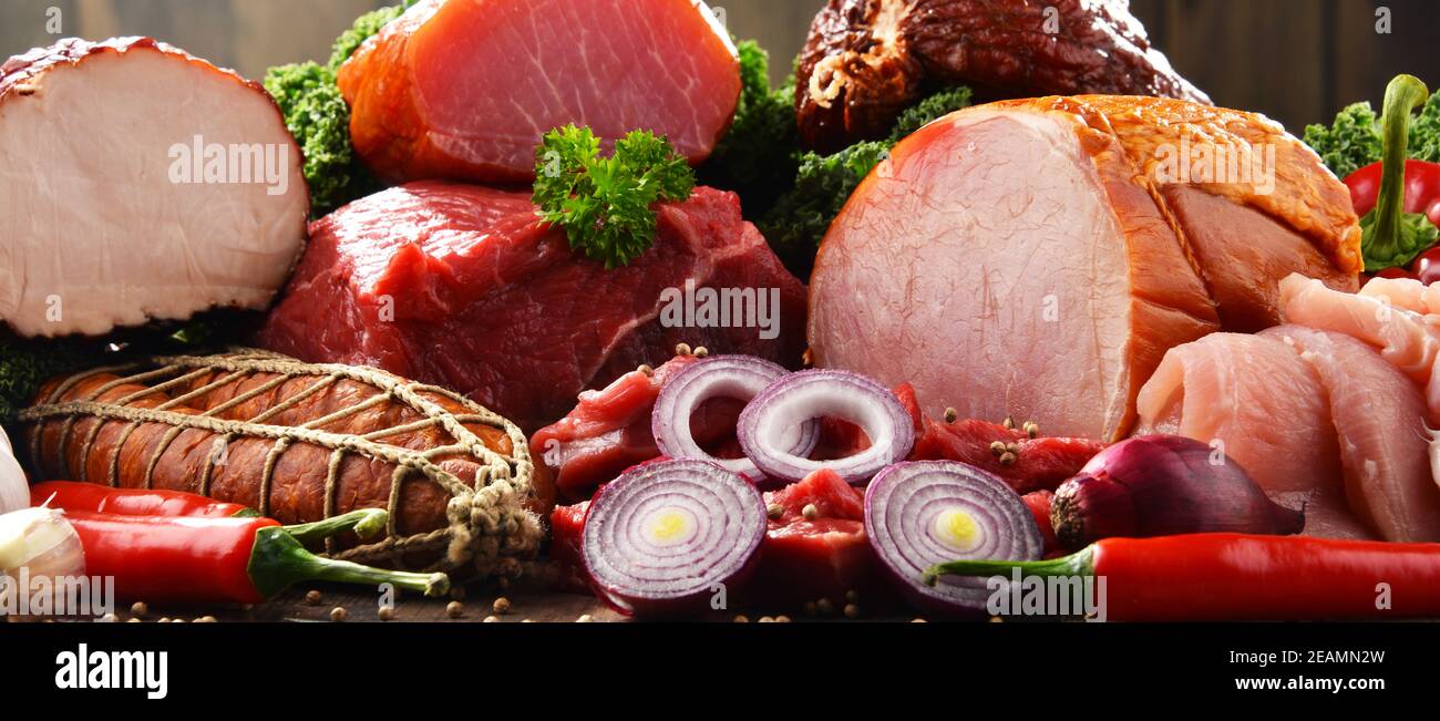 Variety of meat products including ham and sausages Stock Photo - Alamy