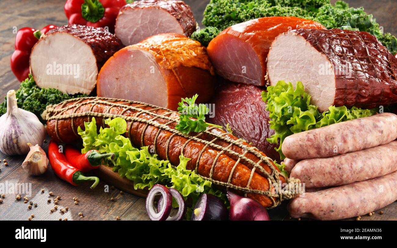 Variety of meat products including ham and sausages Stock Photo - Alamy
