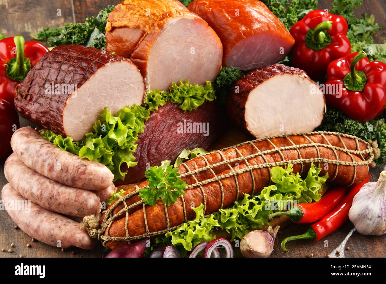 Variety of meat products including ham and sausages Stock Photo - Alamy