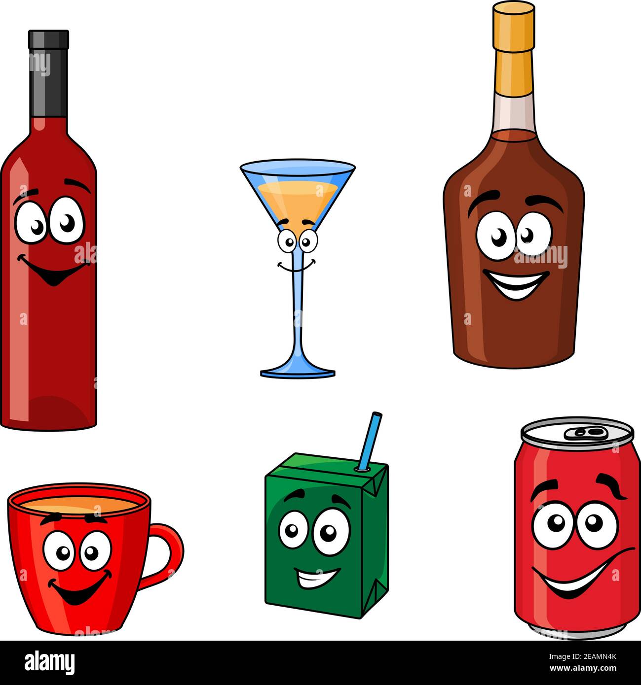 Cartoon with smiling and joyful faces of assorted beverages or drinks ...