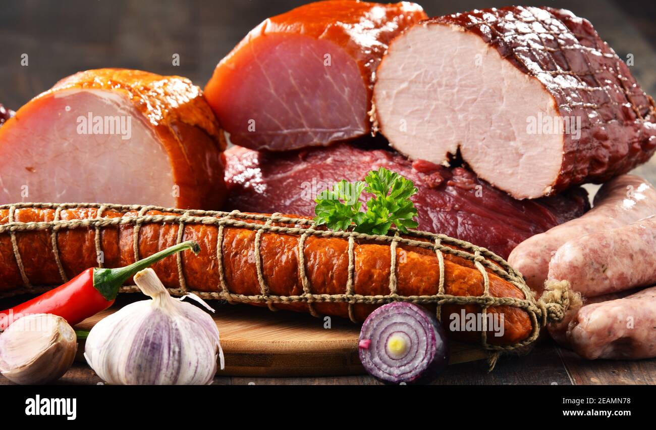 Variety of meat products including ham and sausages Stock Photo - Alamy