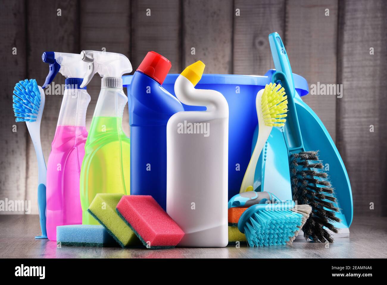 Variety of detergent bottles and chemical cleaning supplies Stock Photo ...