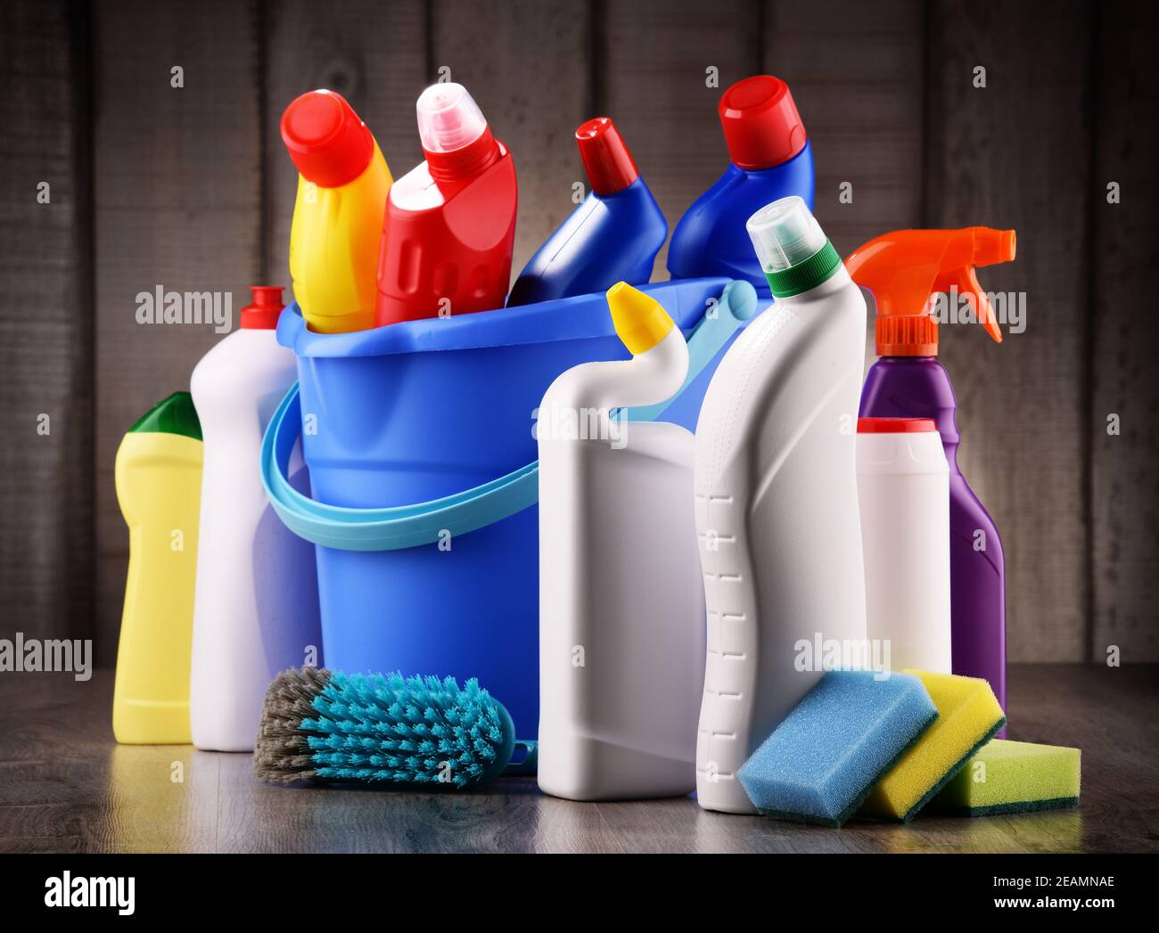 Variety of detergent bottles and chemical cleaning supplies Stock Photo ...