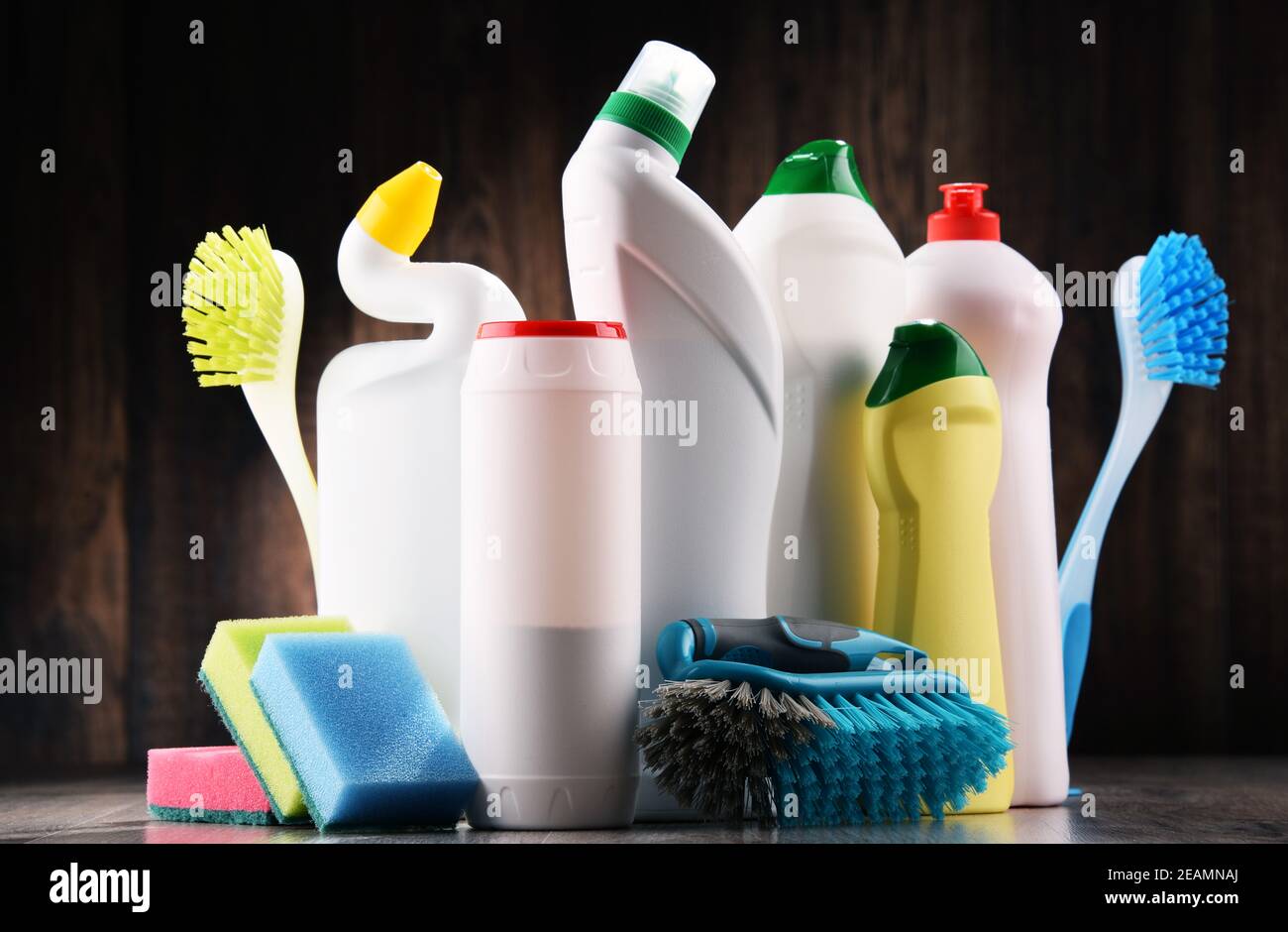 Variety of detergent bottles and chemical cleaning supplies Stock Photo ...