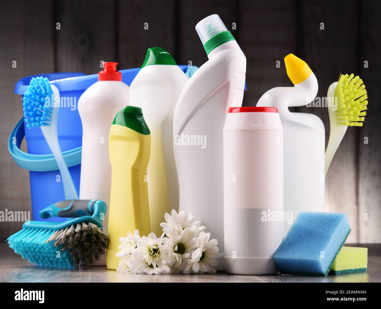 Variety of detergent bottles and chemical cleaning supplies Stock Photo ...