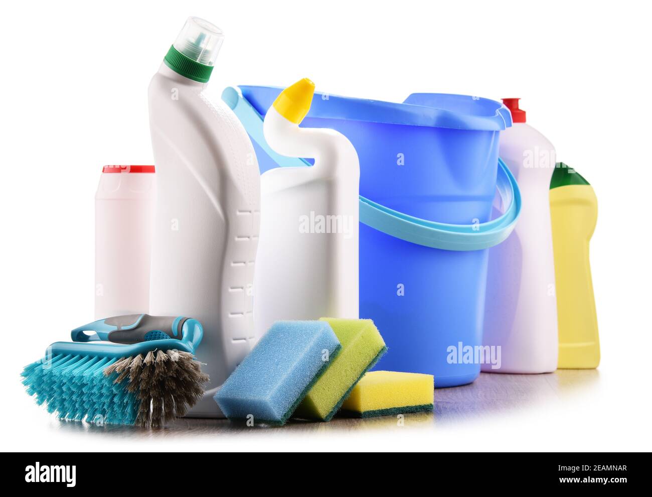 Variety of detergent bottles and chemical cleaning supplies Stock Photo ...