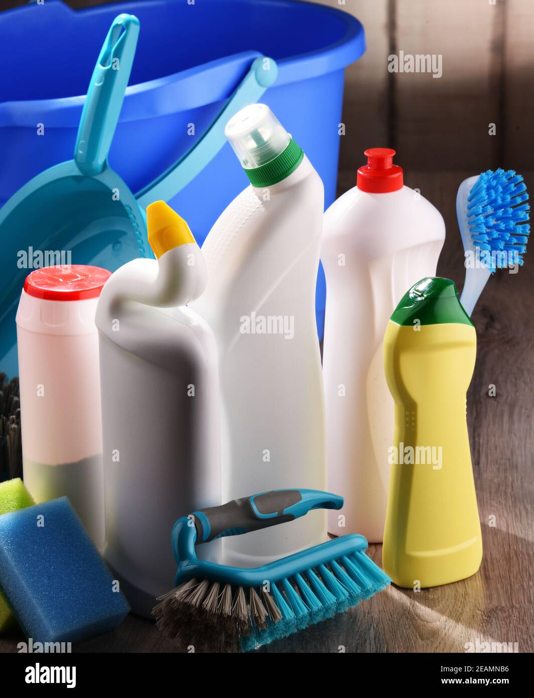 Variety of detergent bottles and chemical cleaning supplies Stock Photo ...