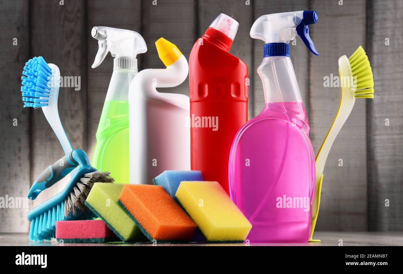 Variety of detergent bottles and chemical cleaning supplies Stock Photo ...
