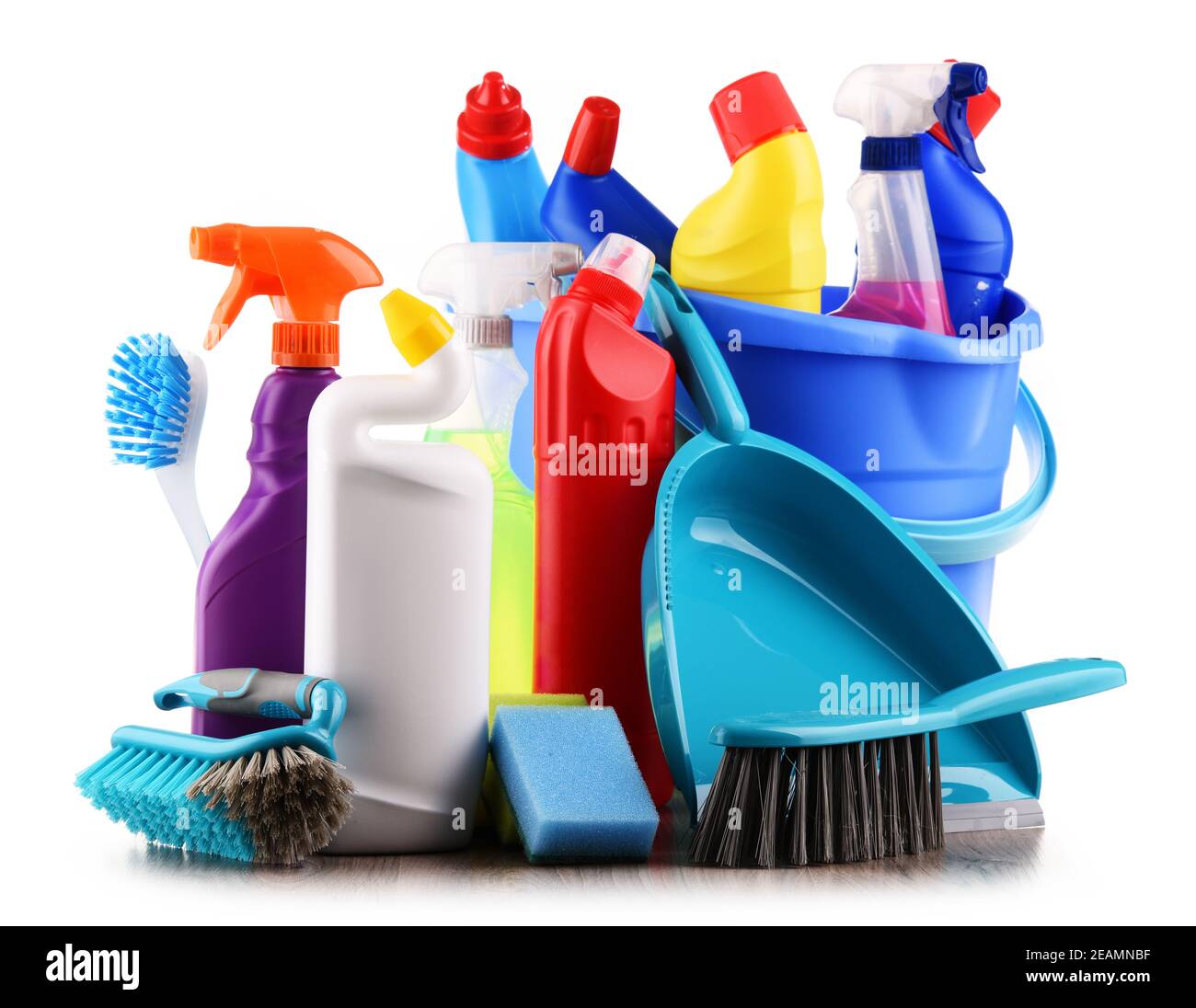 Variety of detergent bottles and chemical cleaning supplies Stock Photo ...