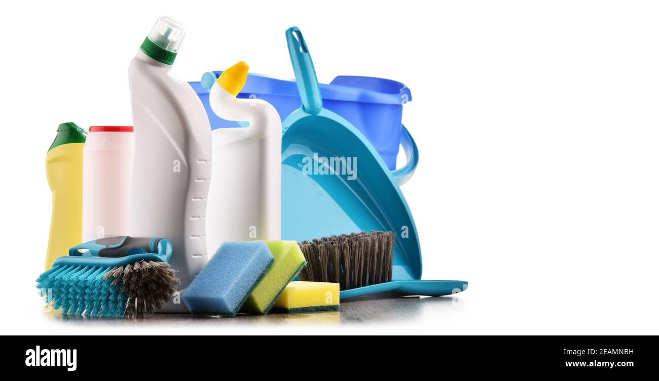 Variety of detergent bottles and chemical cleaning supplies Stock Photo ...