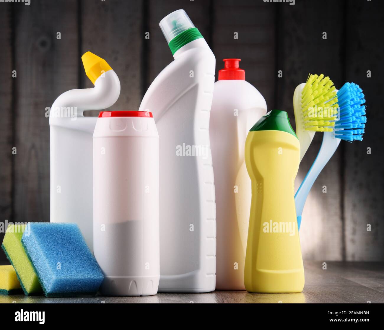 Variety of detergent bottles and chemical cleaning supplies Stock Photo ...