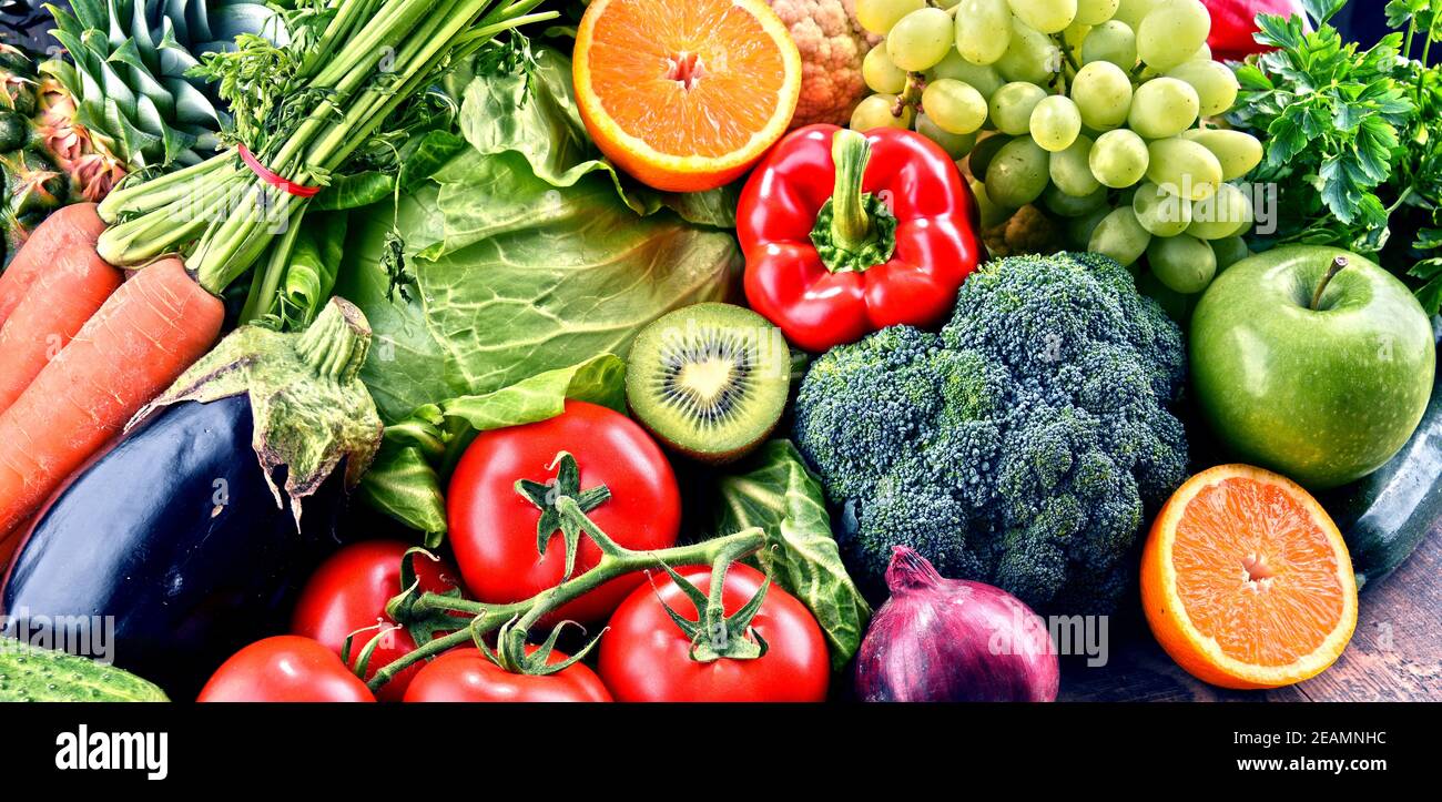 Assorted raw organic vegetables and fruits Stock Photo - Alamy