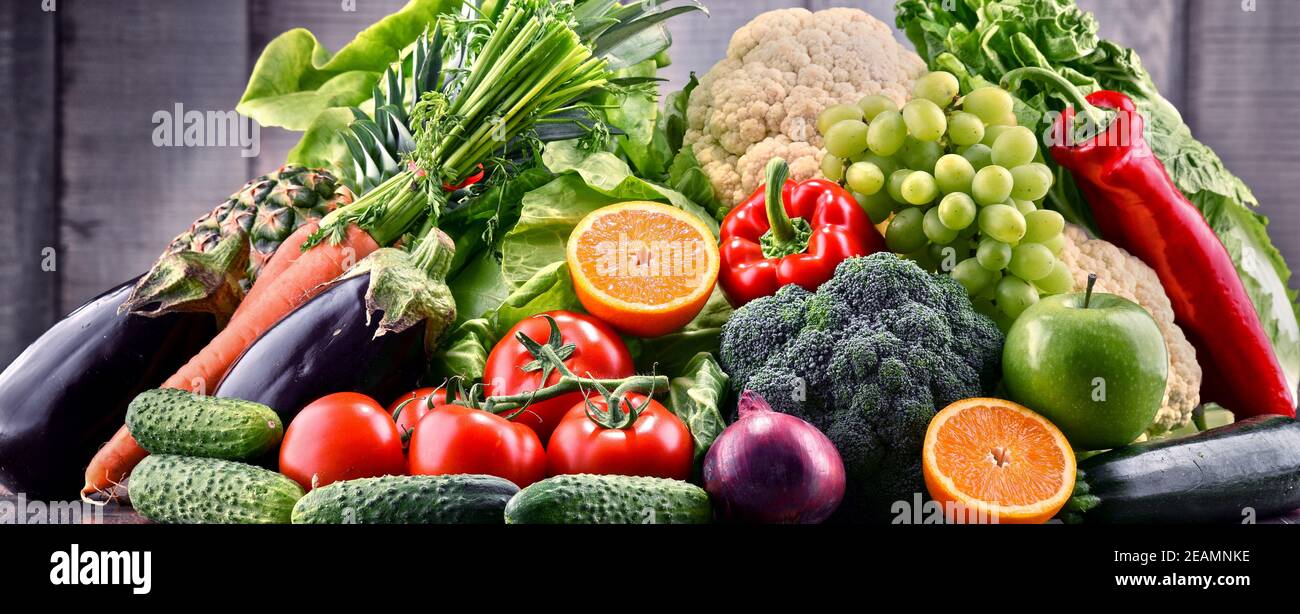 Assorted raw organic vegetables and fruits Stock Photo - Alamy