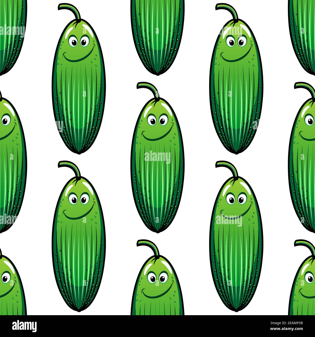 Cute little smiling green cartoon cucumber in a seamless pattern in ...