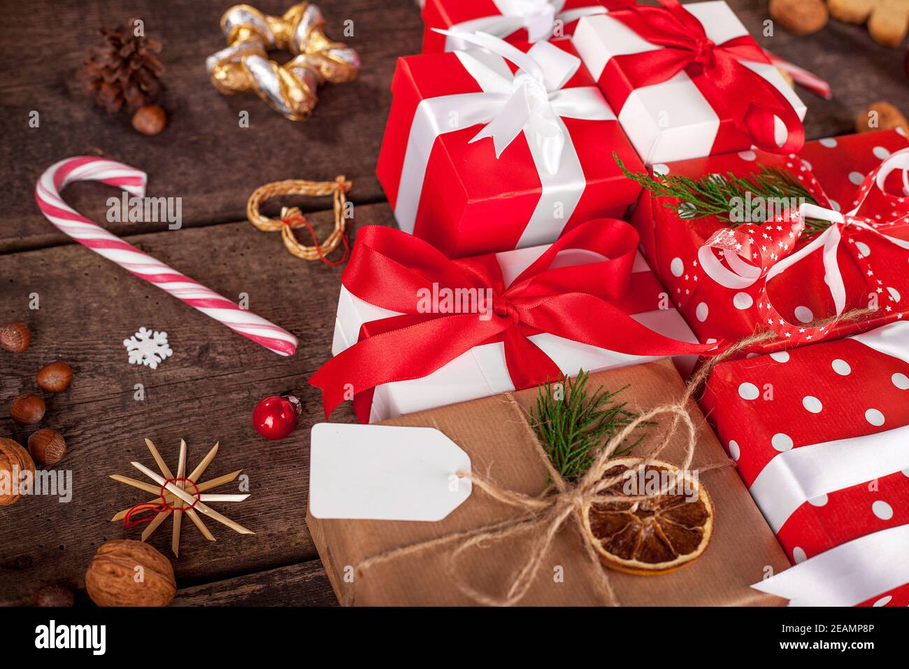 Handmade wrapped christmas gift boxes on celebrate background Stock ...