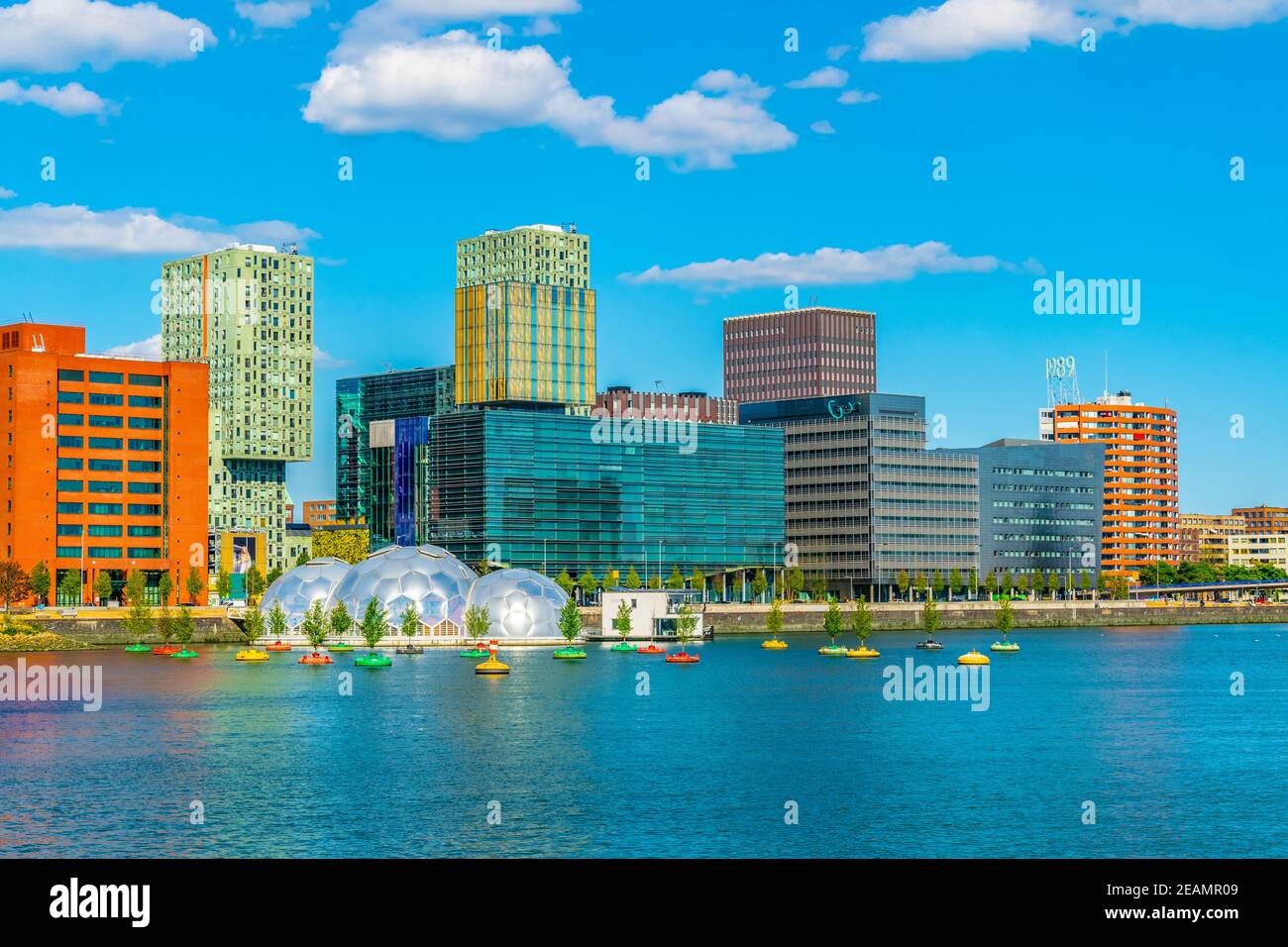 Skyline of Rotterdam with skyscrapers and the floating pavilion ...