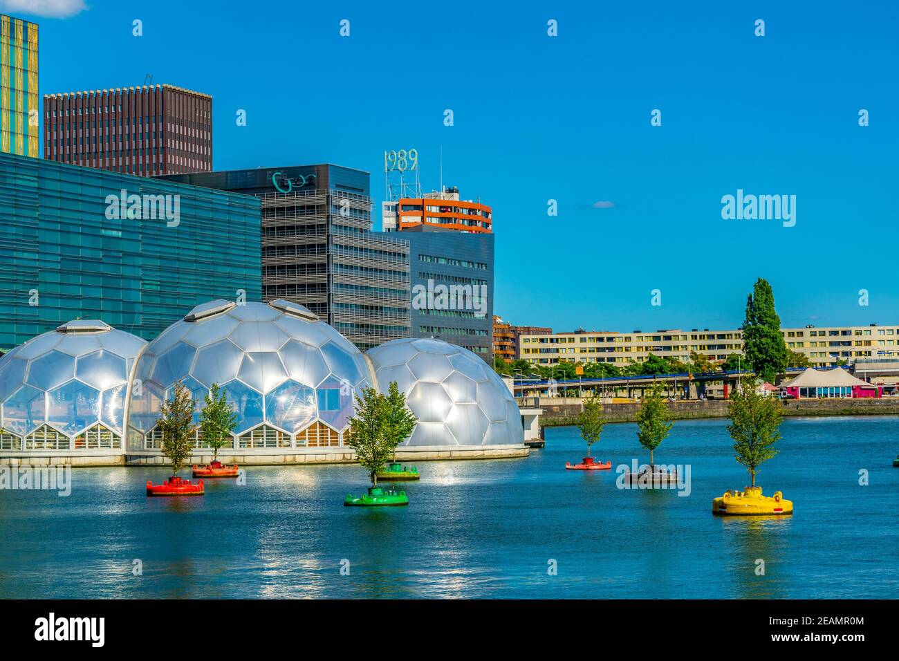 Skyline of Rotterdam with skyscrapers and the floating pavilion ...