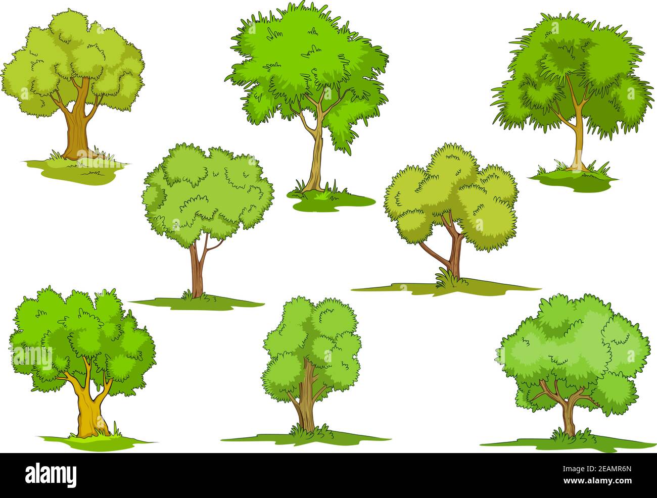 Set of cartoon leafy green trees on grass, design elements isolated on ...
