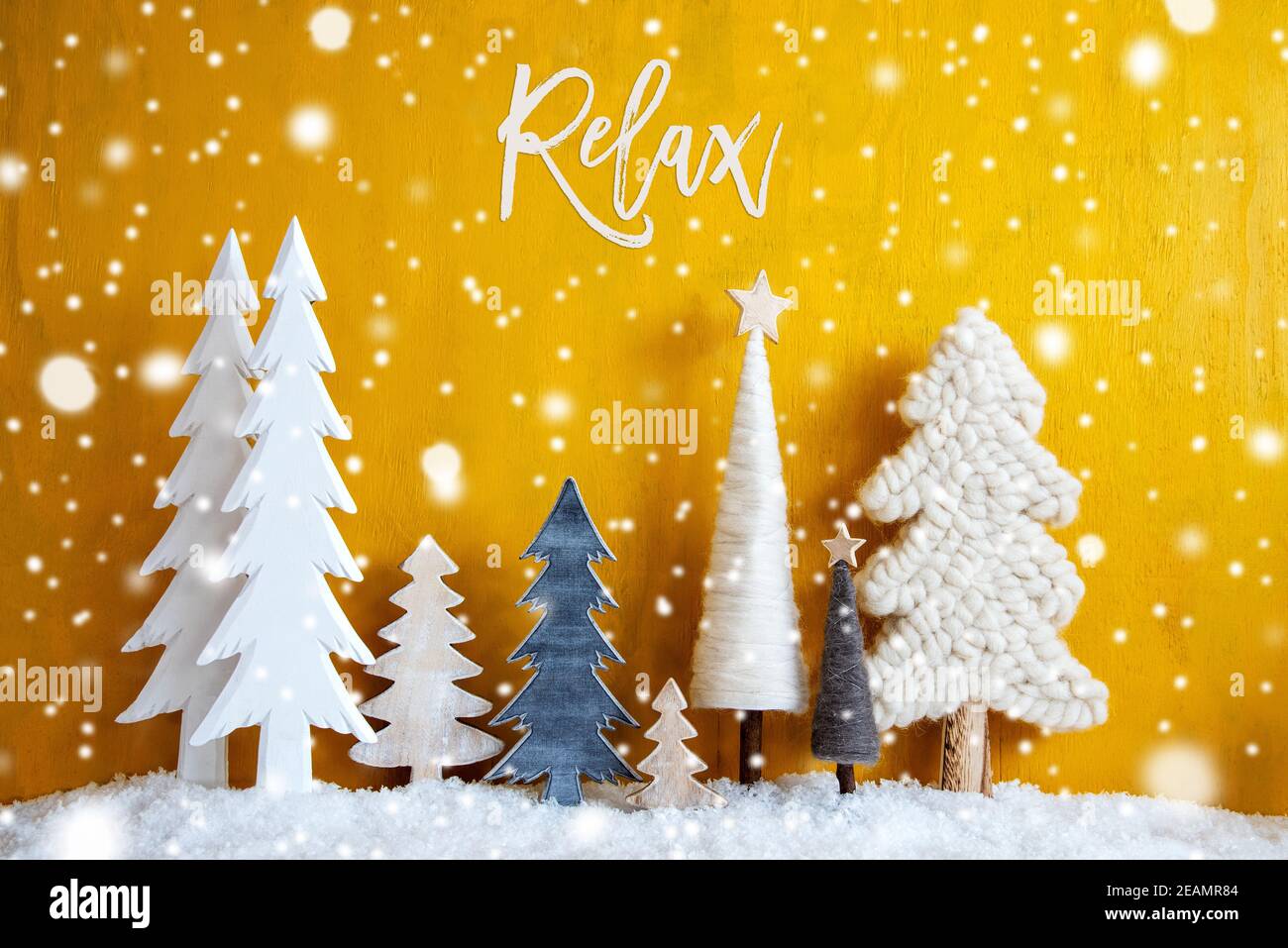 Christmas Trees, Snowflakes, Yellow Background, Relax, Snow Stock Photo ... Christmas Trees, Snowflakes, Yellow Background, Relax, Snow Stock Photo ...