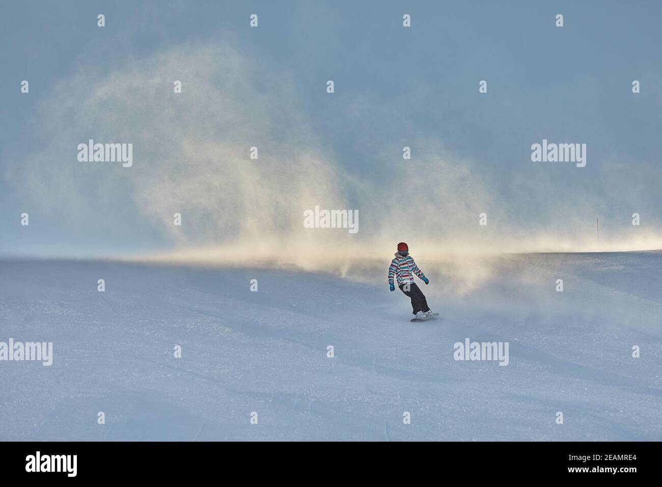 Female snowboarder fast on a slope Stock Photo - Alamy