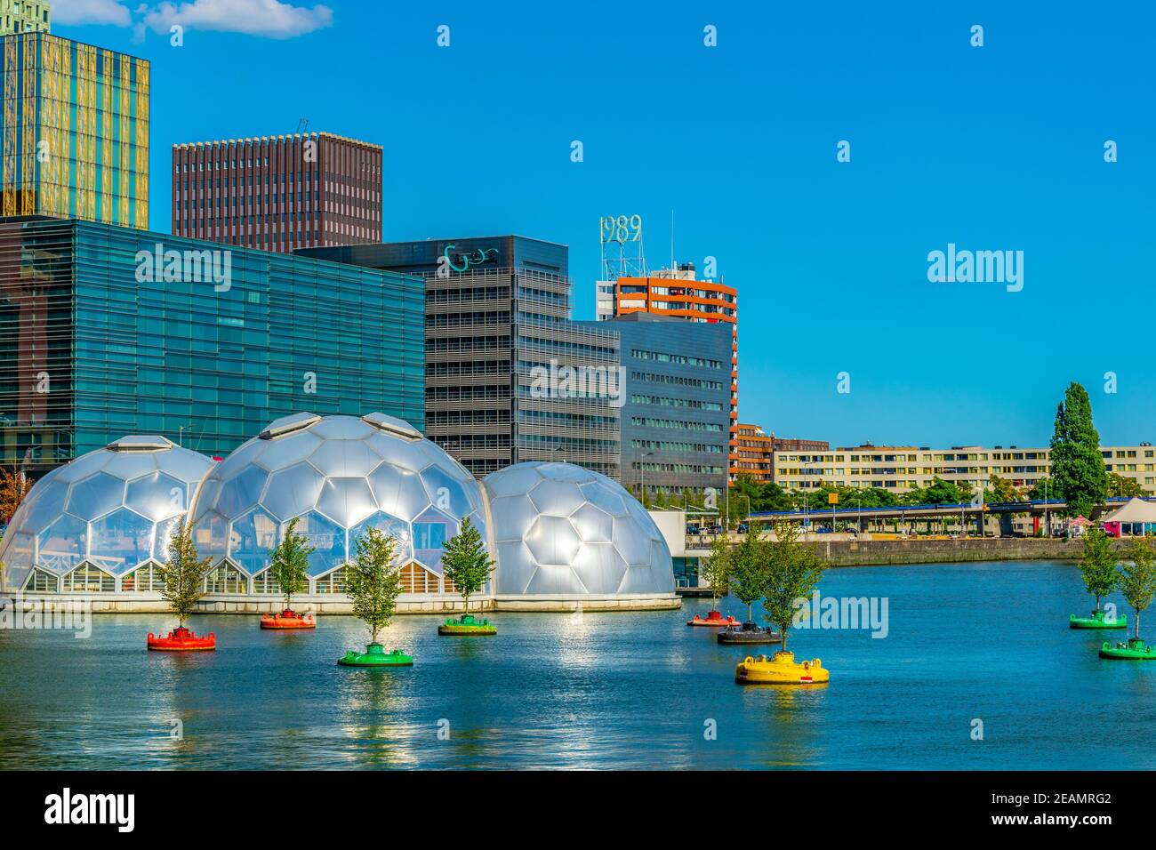 Skyline of Rotterdam with skyscrapers and the floating pavilion ...