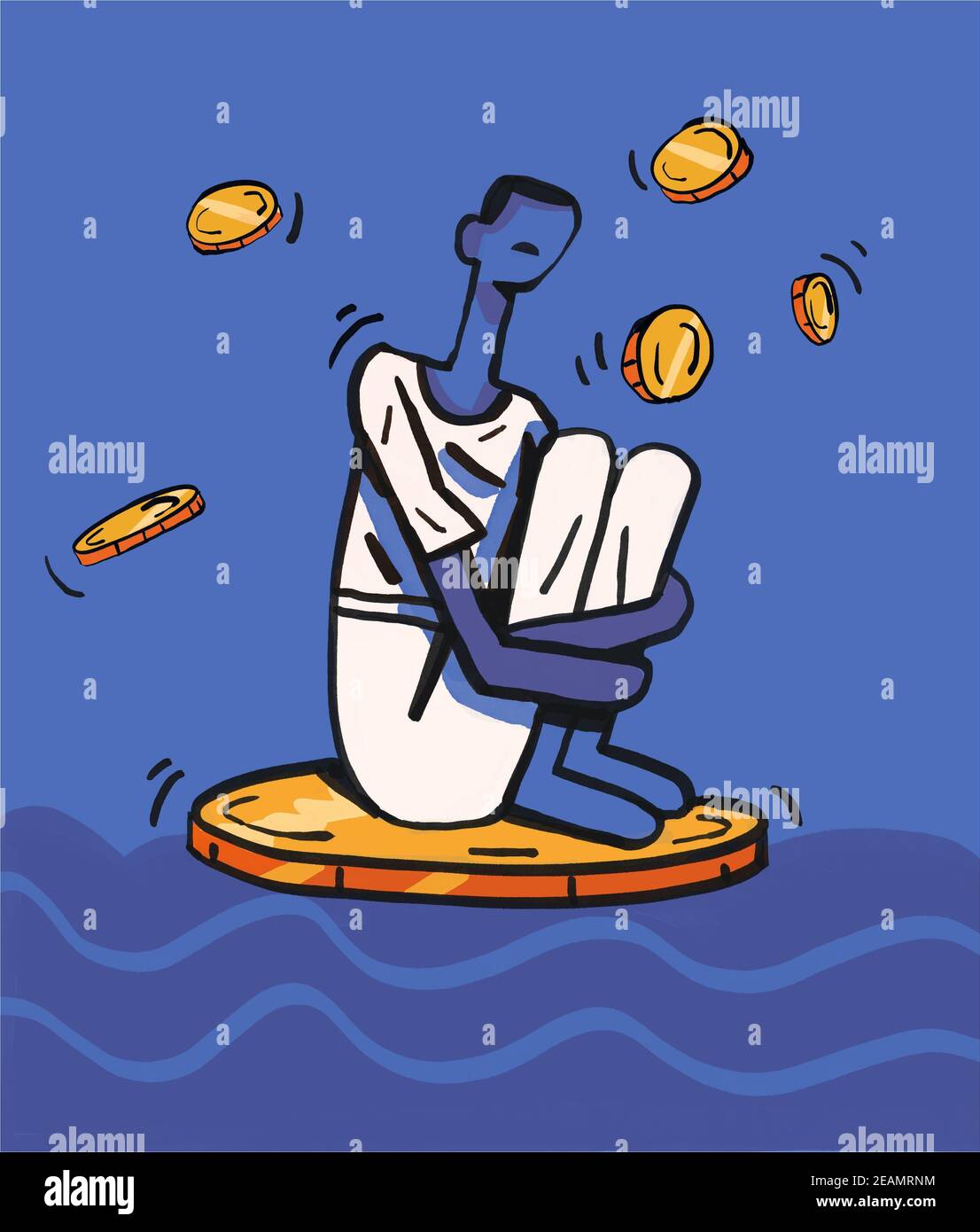 scary and sad woman on big coin shipwreck. illustration of Comic crisis ...